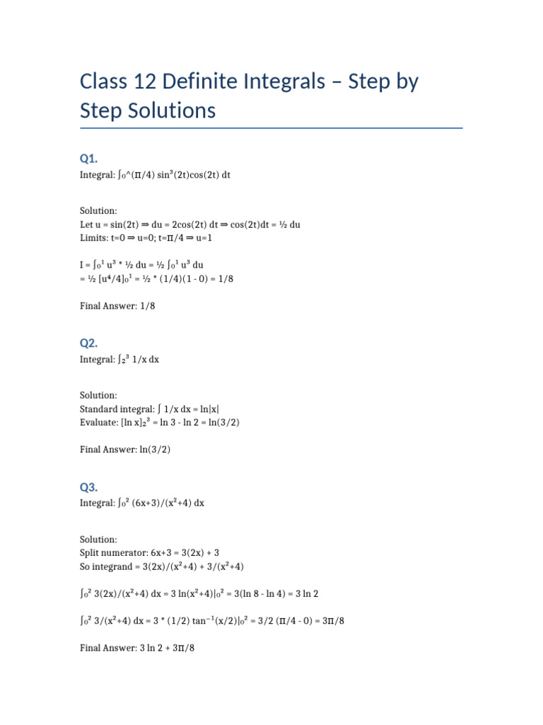 Class 12 Definite Integrals Solutions | PDF | Integral | Mathematical ...