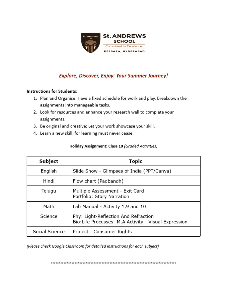 Holiday Assignments - Class 10 | PDF