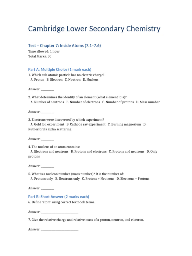 Chemistry Chapter7 Exam | PDF | Proton | Atoms