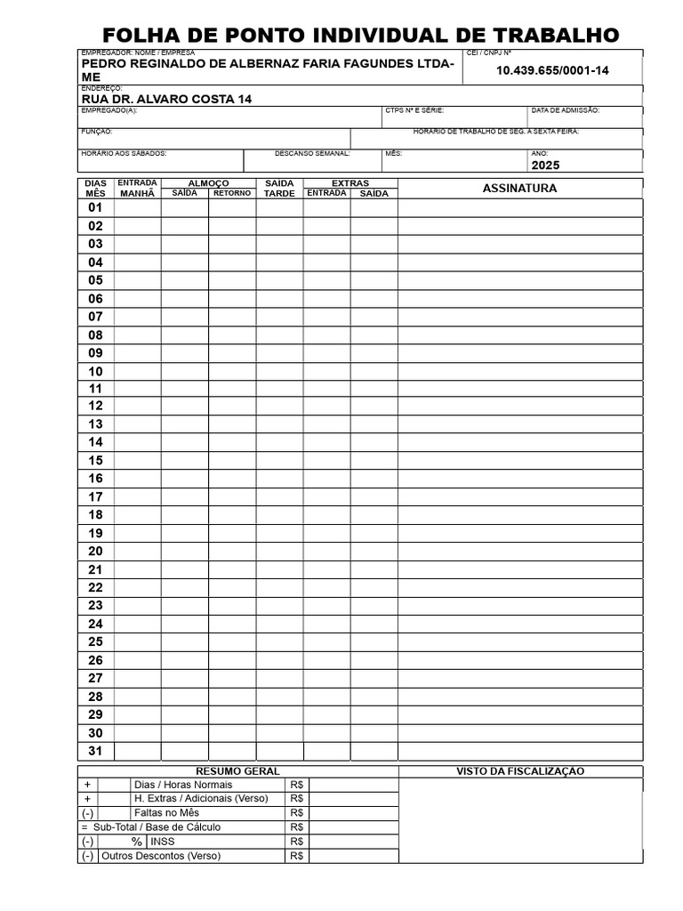 Folha de Ponto Individual de Trabalho | PDF