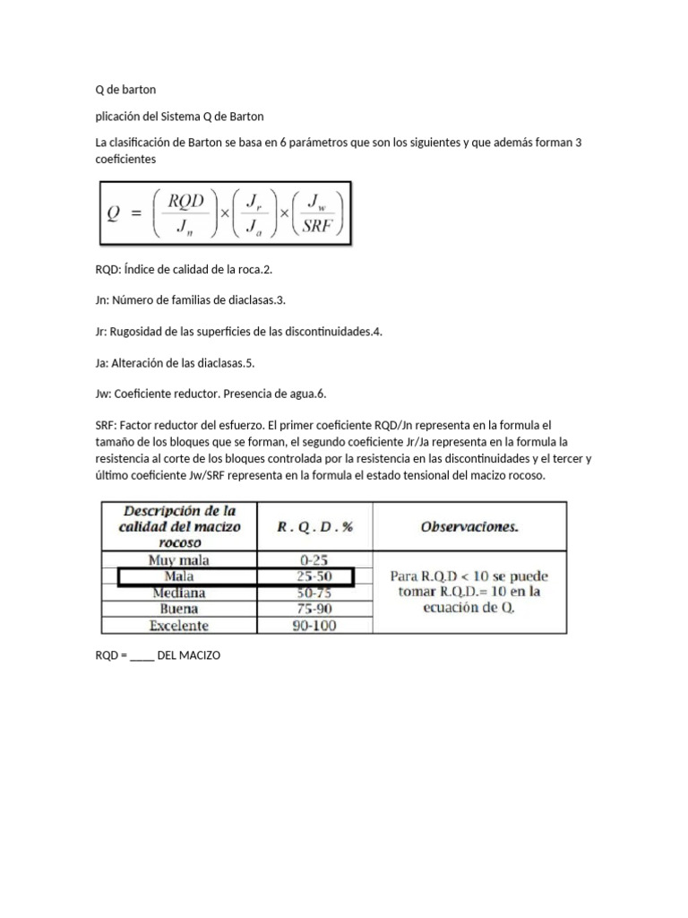 Fórmula Q de Barton: Parámetros y Coeficientes | PDF