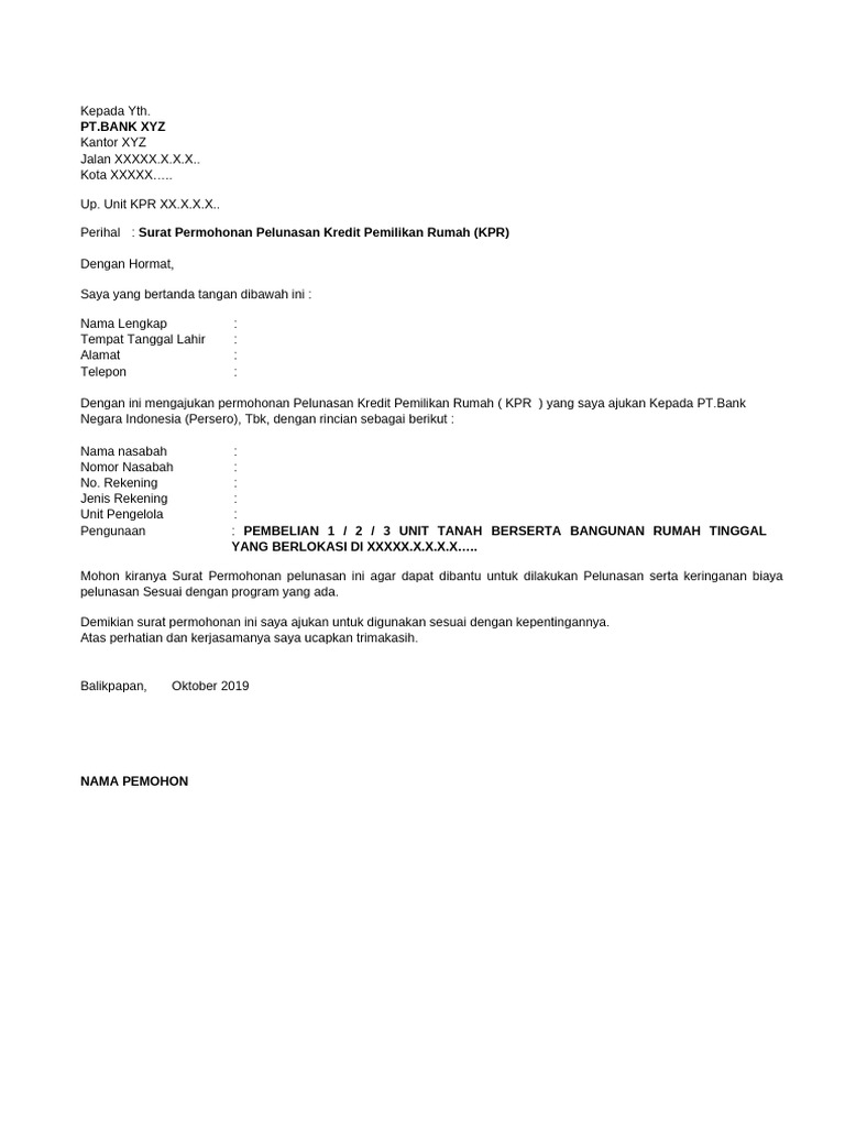 Contoh Surat Permohonan Pelunasan KPR | PDF