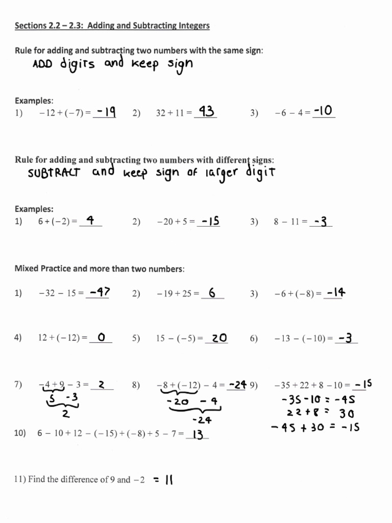 Outline Notes MODULE 1 Lesson 2-2 (Adding and Subtracting Integers) | PDF
