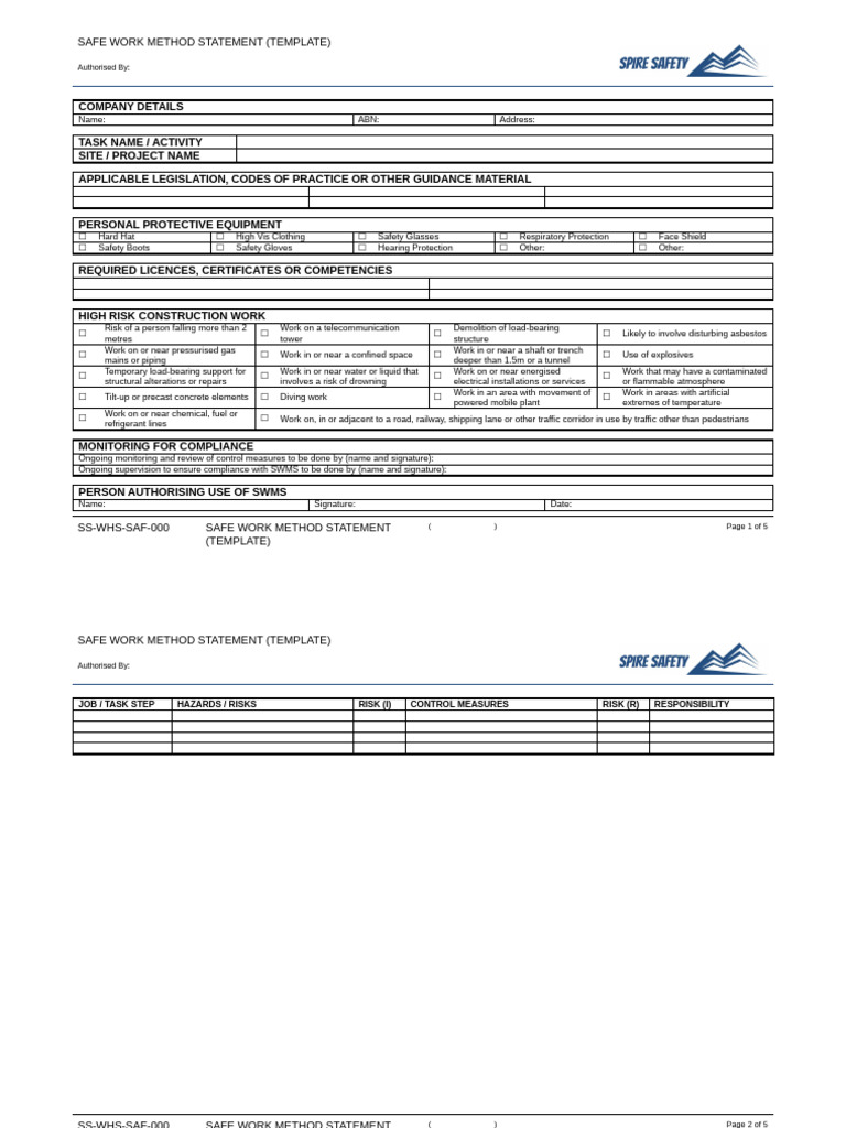 SS WHS SAF 000 Safe Work Method Statement Template 1 | PDF | Risk ...