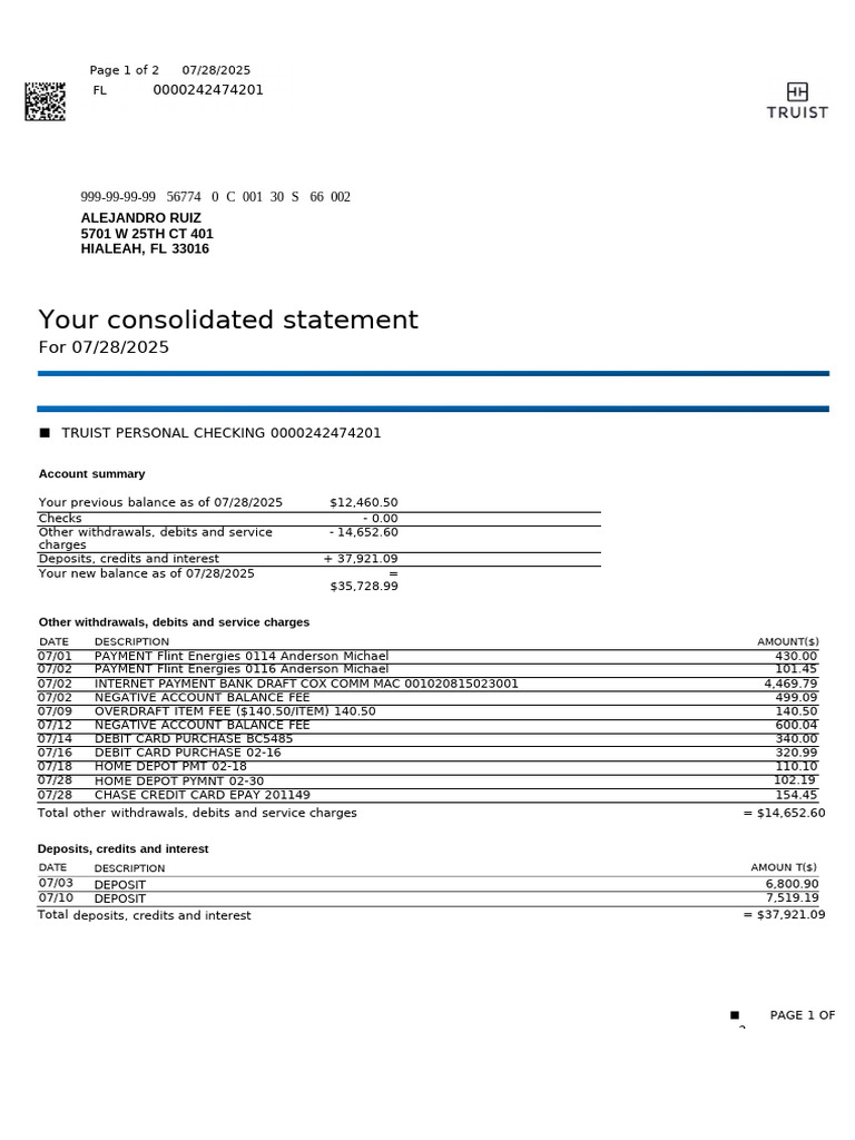 Truist Bank Statement Example 07/2025 | PDF