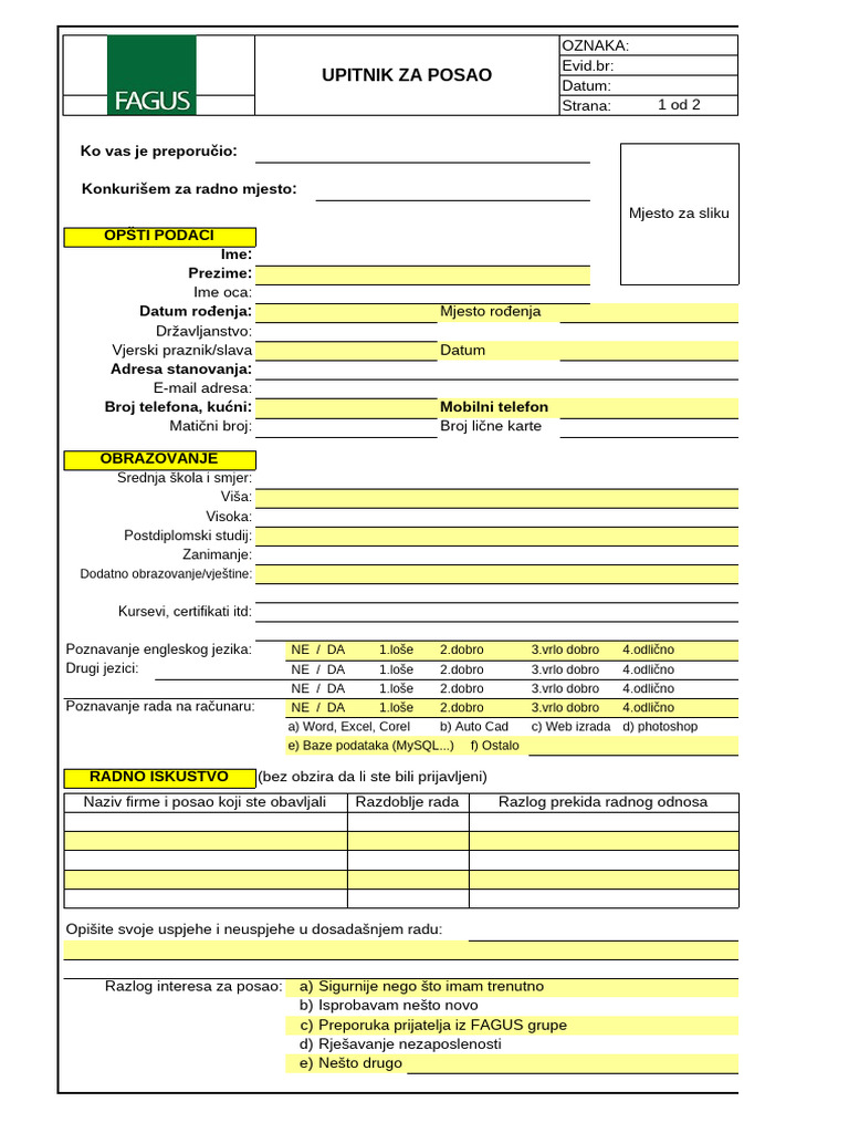 Upitnik Za Posao Obrazac | PDF