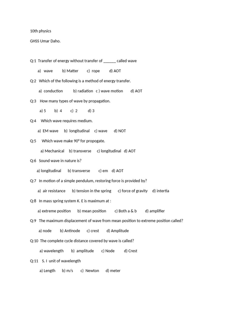 10th Grade Physics Wave Concepts Quiz | PDF | Waves | Wavelength