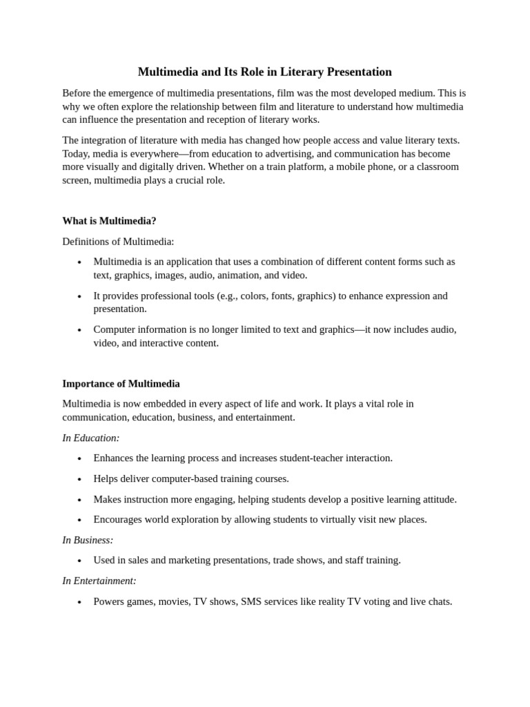 Multimedia and Its Role in Literary Presentation | PDF | Multimedia | Mass Media