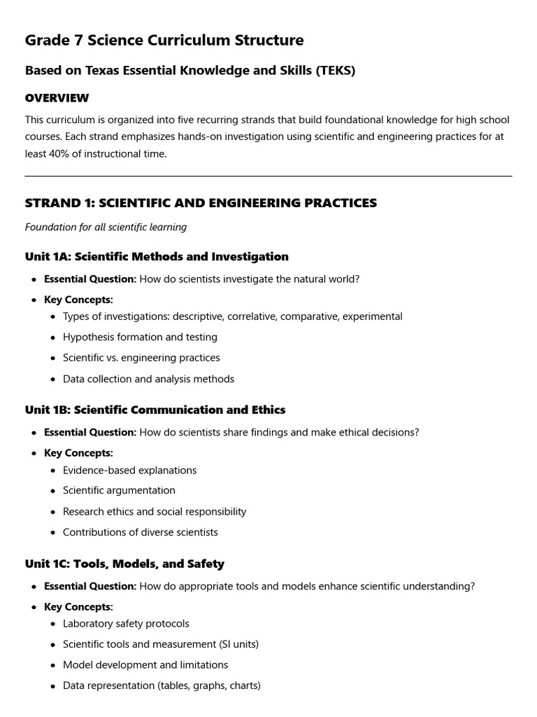 Grade 7 Science Curriculum Structure - Texas TEKS | PDF | Force | Earth