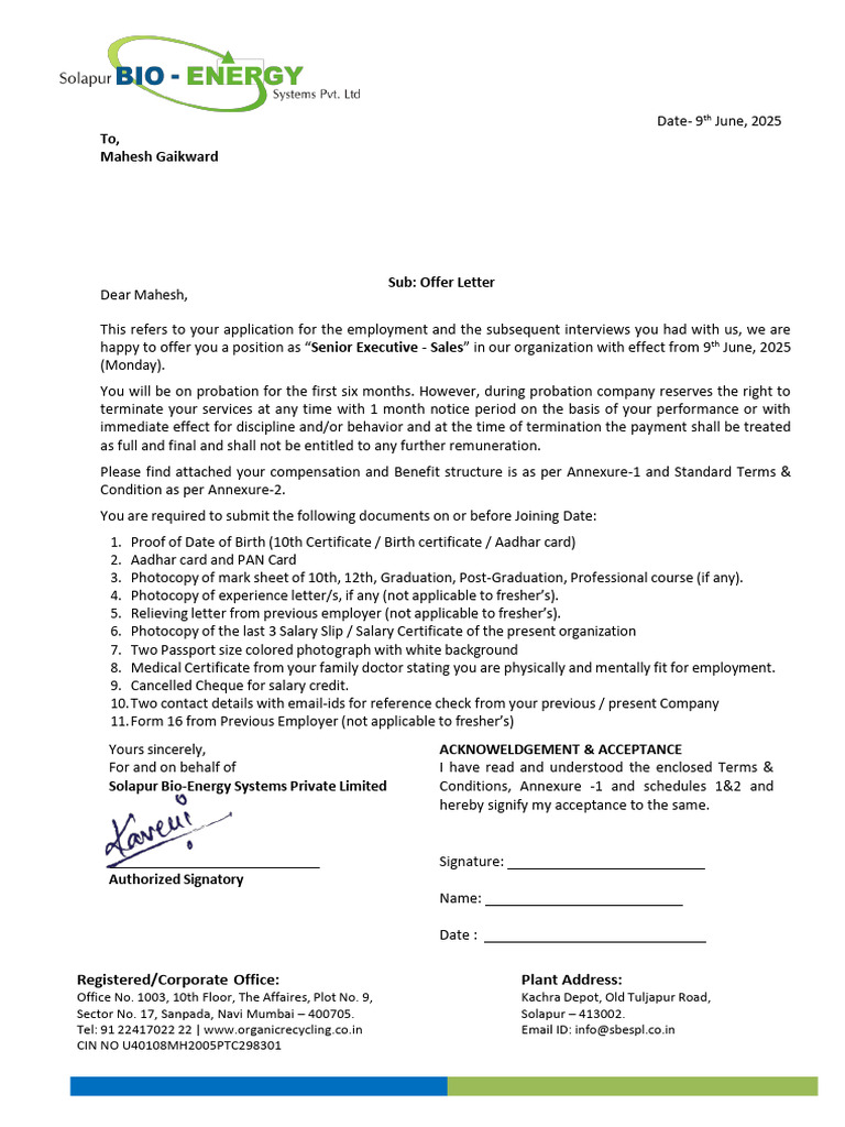 Senior Executive Sales Offer Letter | PDF | Salary | Employment