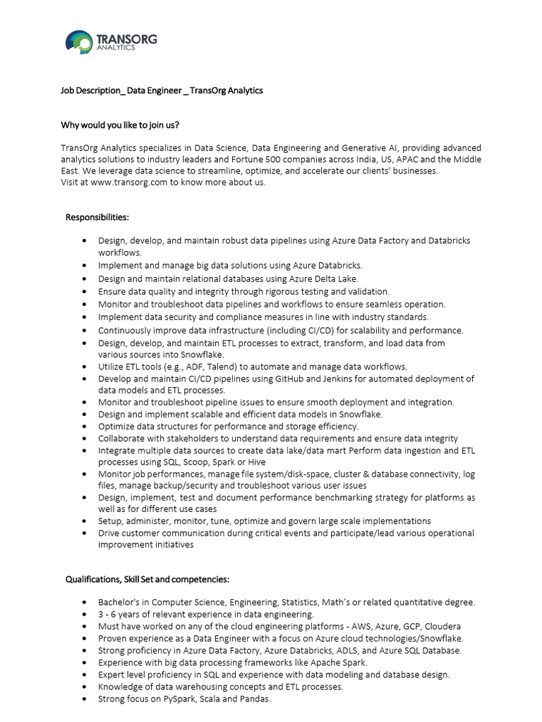 Job Description - Data Engineer - TransOrg Analytics Jan 2025 | PDF ...