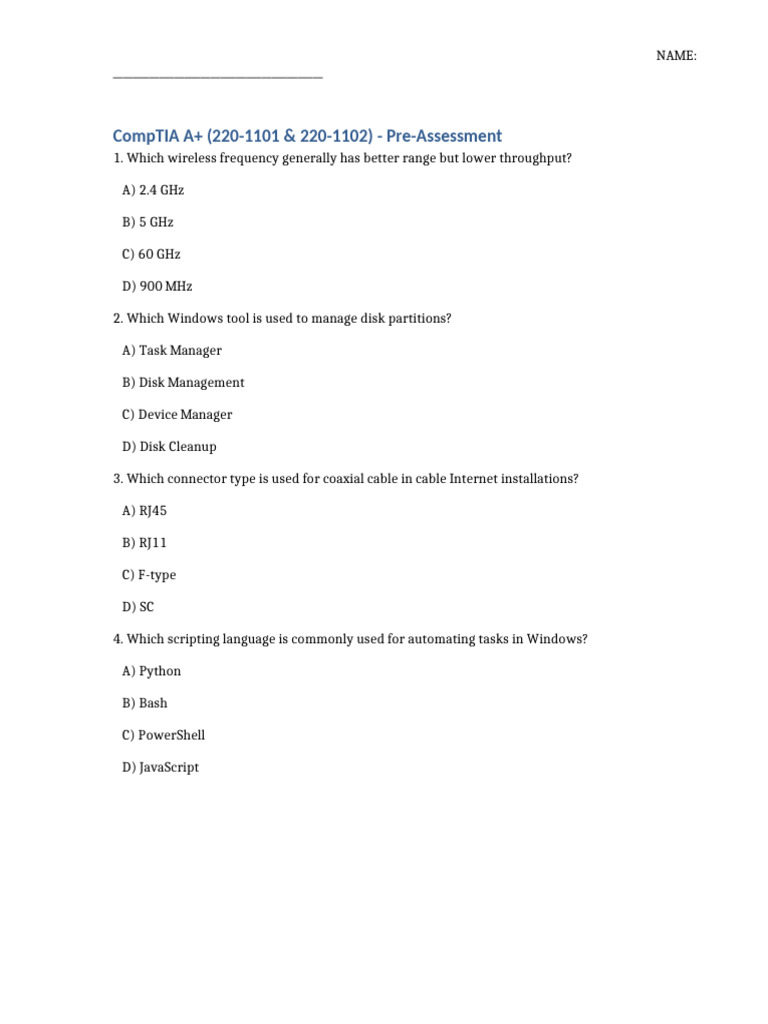 CompTIA A+ Pre-Assessment Quiz | PDF | Computer Architecture | Computer ...