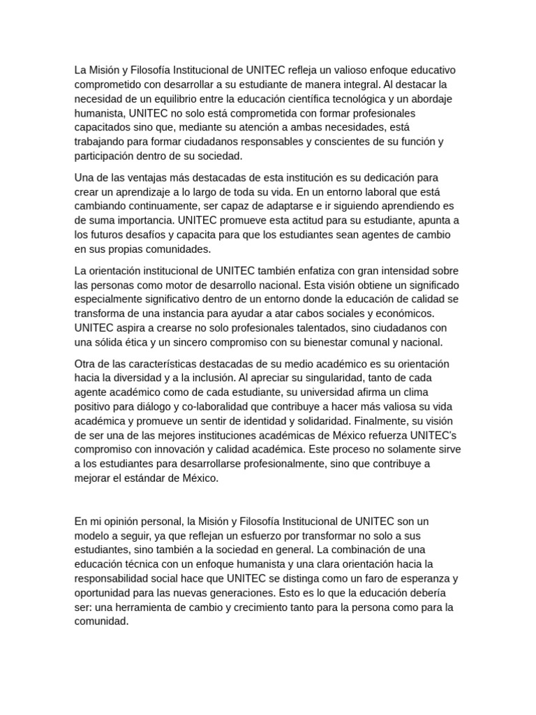 Opinión Misión y Filosofía de Unitec | PDF | Educación en artes ...