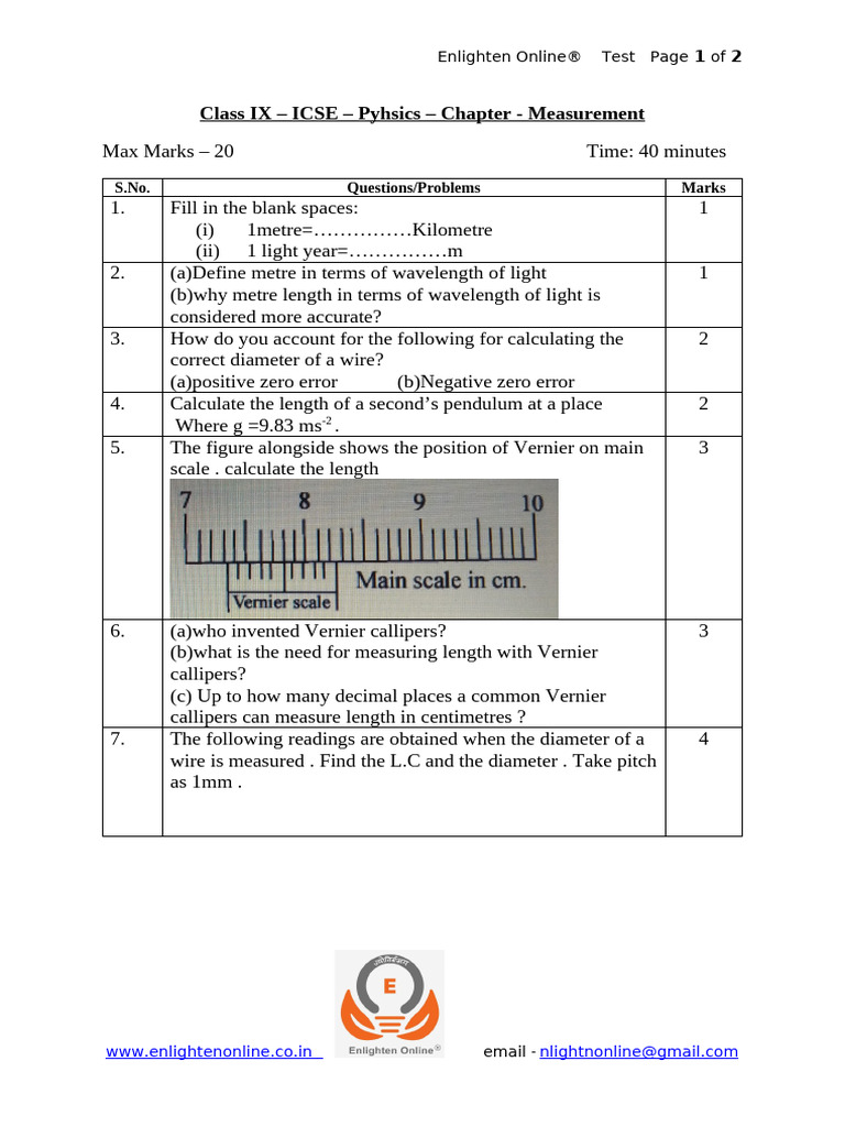 ICSE Class IX Physics Measurement Test | PDF