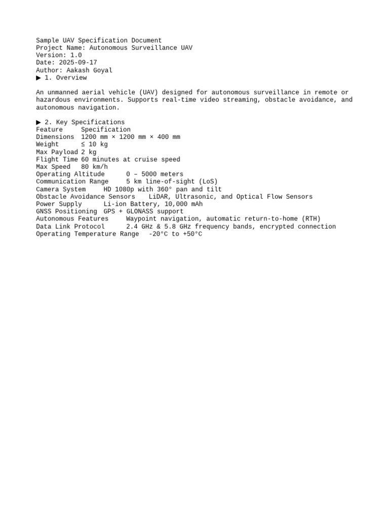 Autonomous Surveillance UAV Specs | PDF