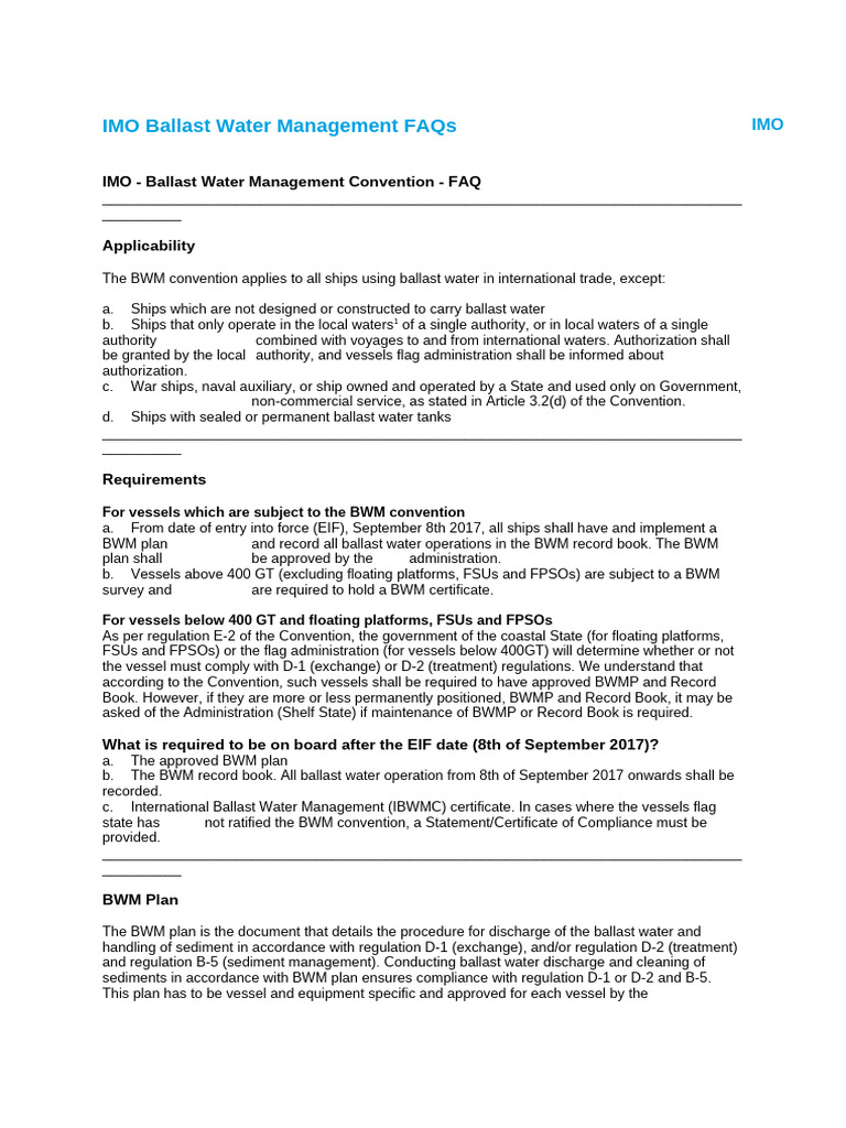 IMO Ballast Water Management FAQs | PDF