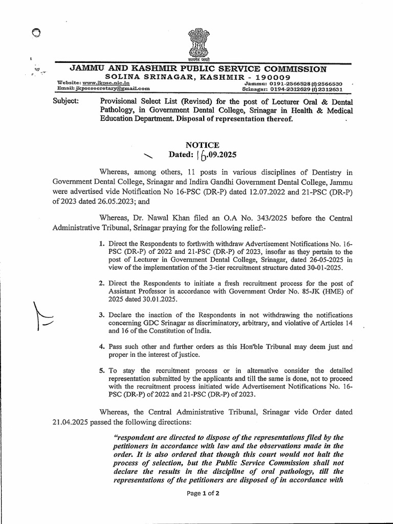 Notice Regarding Disposal of Representation For The Post of Lecturer ...