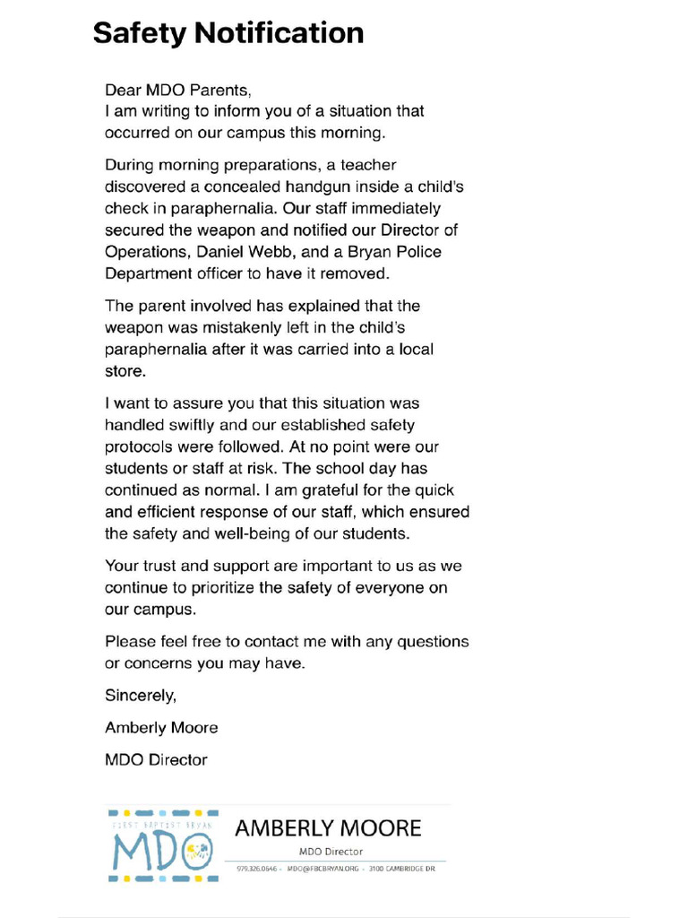 Safety Notification From MDO at FBC Bryan | PDF