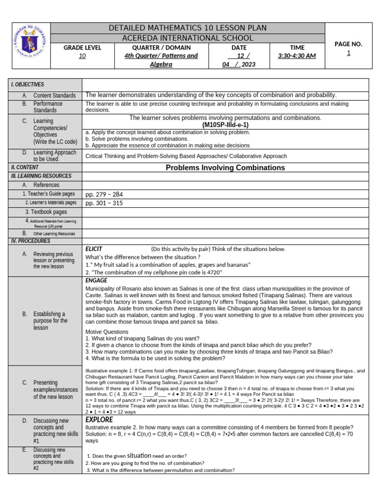 Grade 10 Combinations Lesson Plan | PDF | Learning | Mathematics