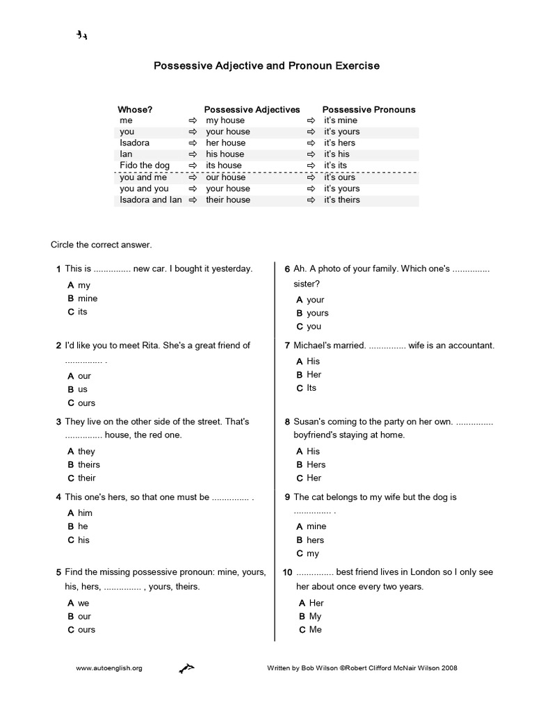 Possessive Adjective and Pronoun Quiz | PDF | Linguistics | Semantics