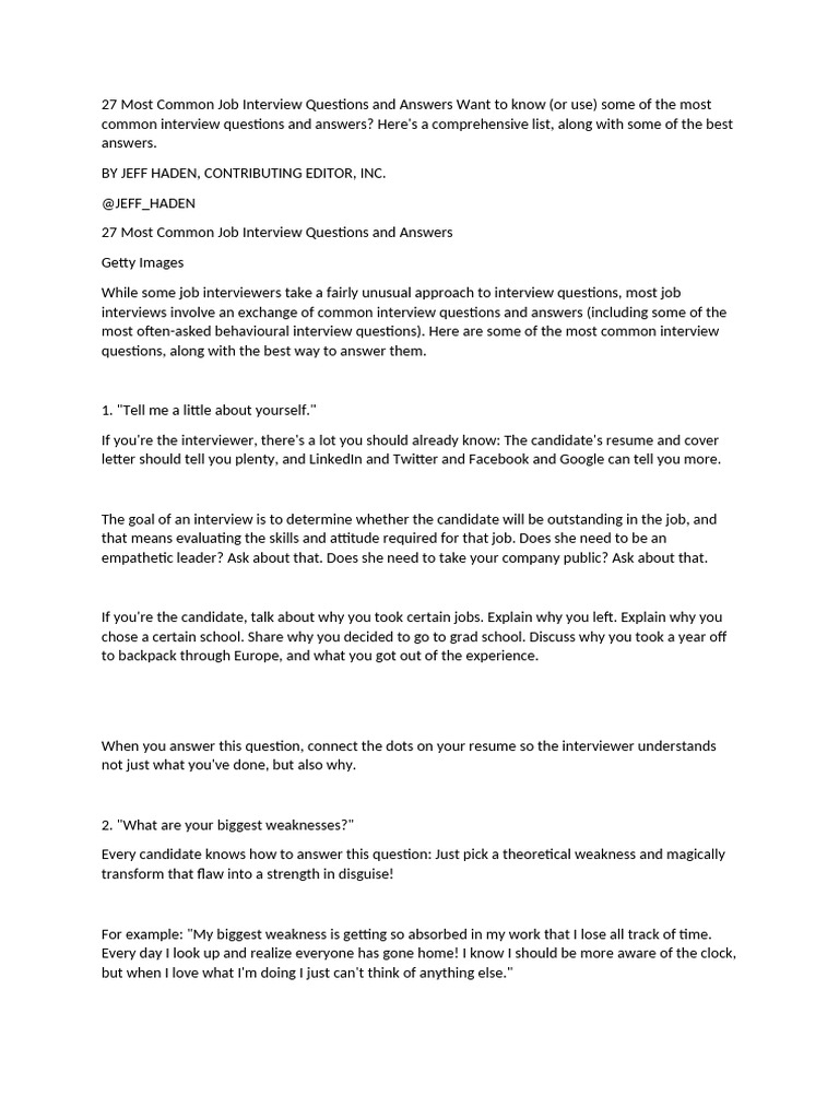 27 Most Common Job Interview Questions and Answers | PDF | Job ...