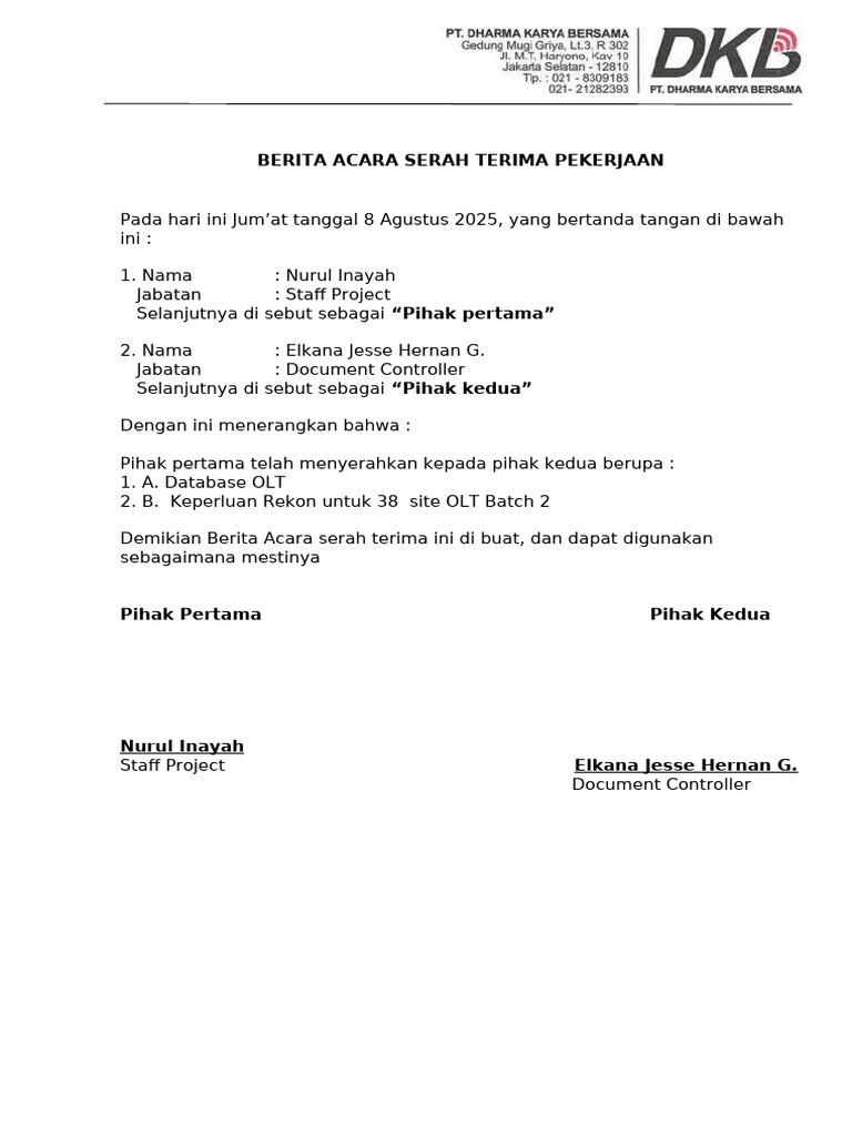 Berita Acara Serah Terima Pekerjaan | PDF