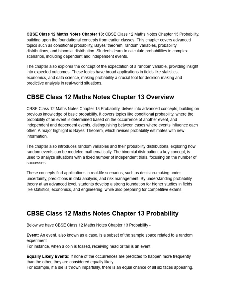 CBSE Class 12 Maths Notes Chapter 13 | PDF | Probability | Mathematics