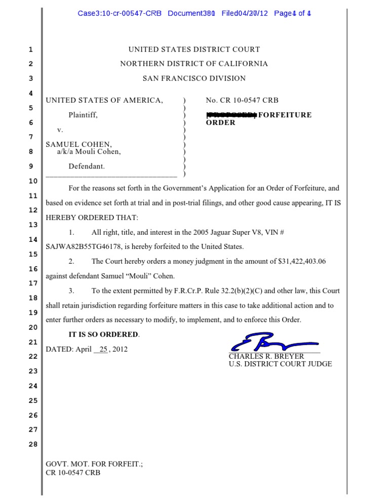 Forfeiture Order for Mouli Cohen | PDF