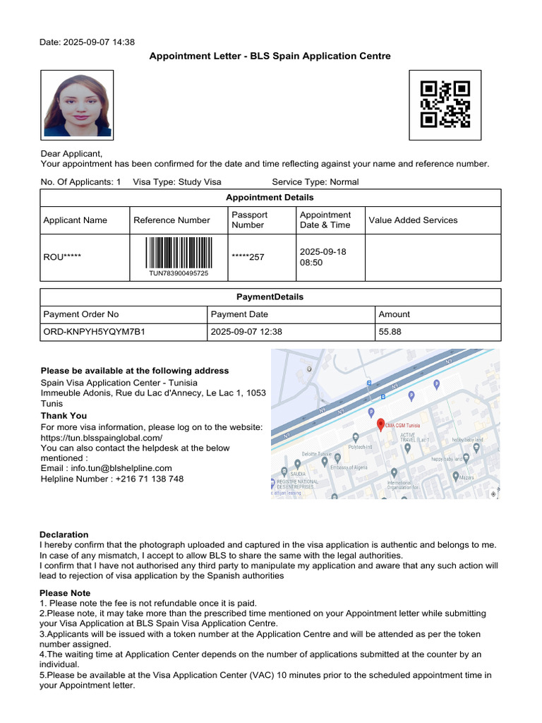 BLS Spain Study Visa Appointment Confirmation | PDF