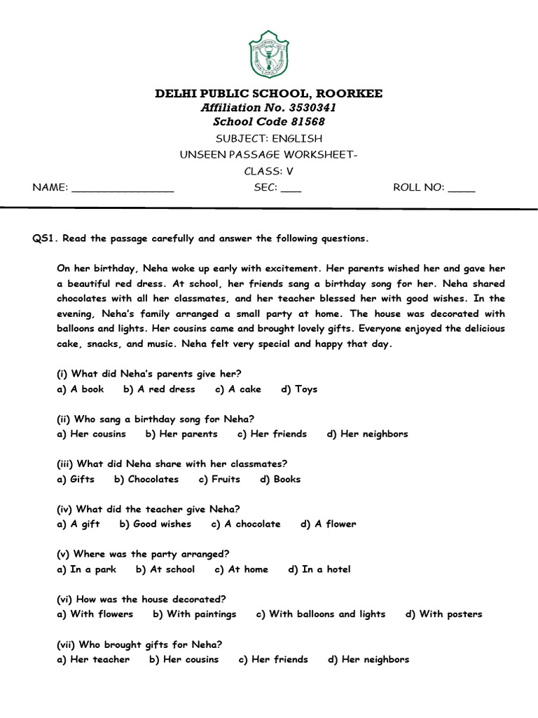 Unseen Passage Worksheet-2 | PDF