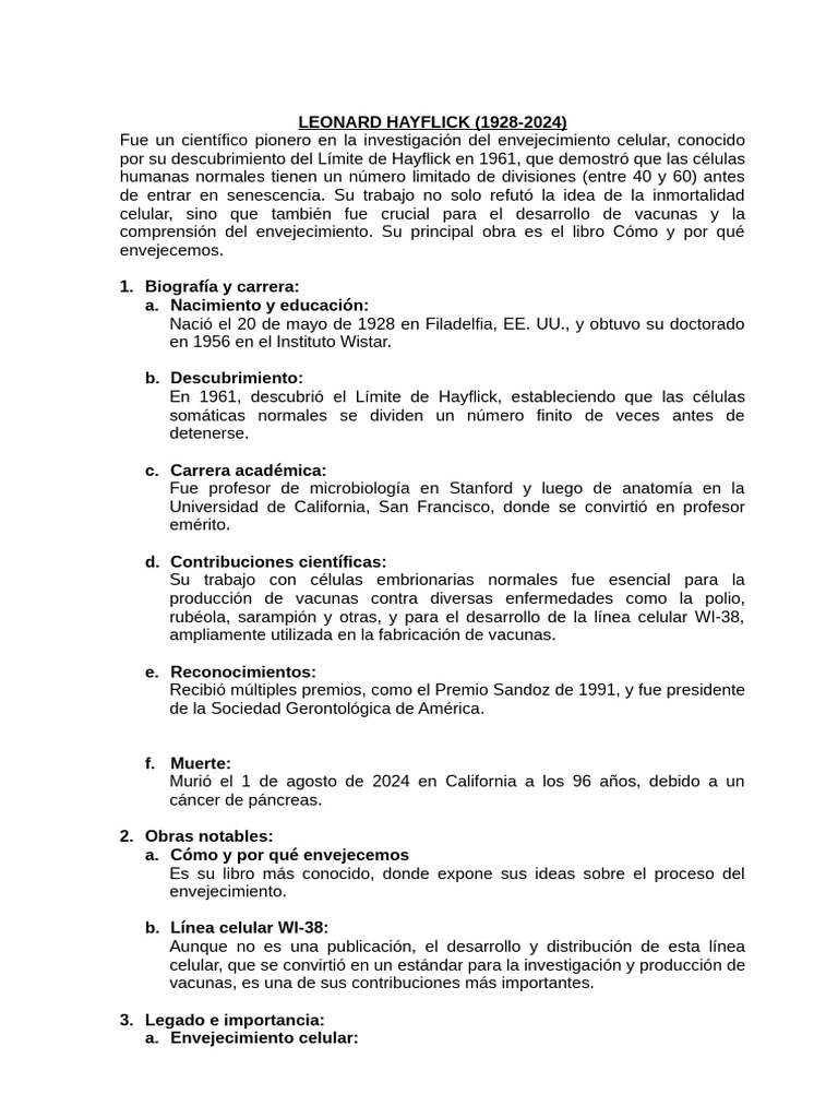 Legado de Leonard Hayflick en envejecimiento | PDF | Envejecimiento ...