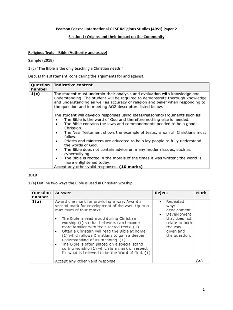 IGCSE RS Paper 2 Section 1 Past Paper Questions Mark Scheme | PDF ...