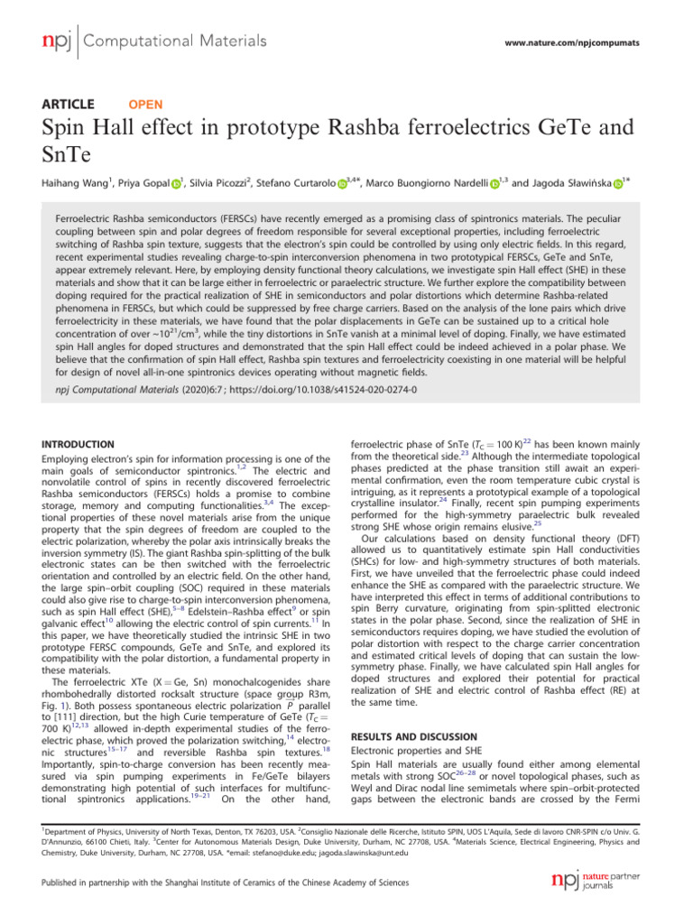 7 Spin Hall Effect in Prototype Rashba Ferroelectrics GeTe and SnTe ...