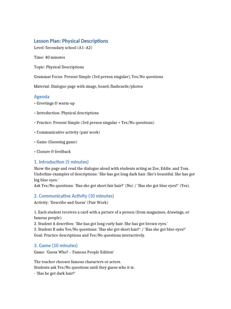 Lesson Plan Physical Descriptions | PDF