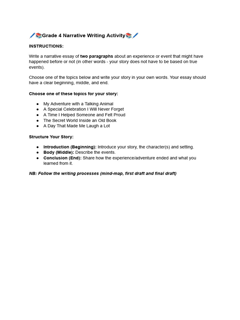 ? ?INSTRUCTIONS Grade 4 Narrative Writing Activity?? | PDF
