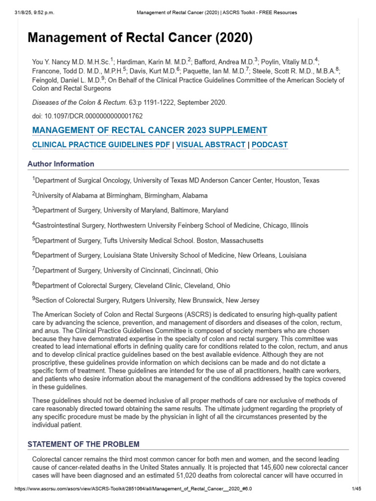 Management of Rectal Cancer (2020) - ASCRS Toolkit - FREE Resources ...