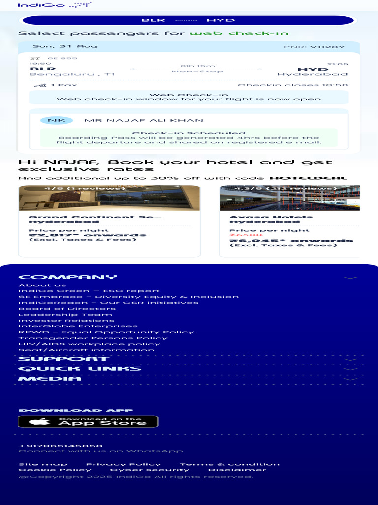 Web Check-In for Flight 6E 855 BLR to HYD | PDF