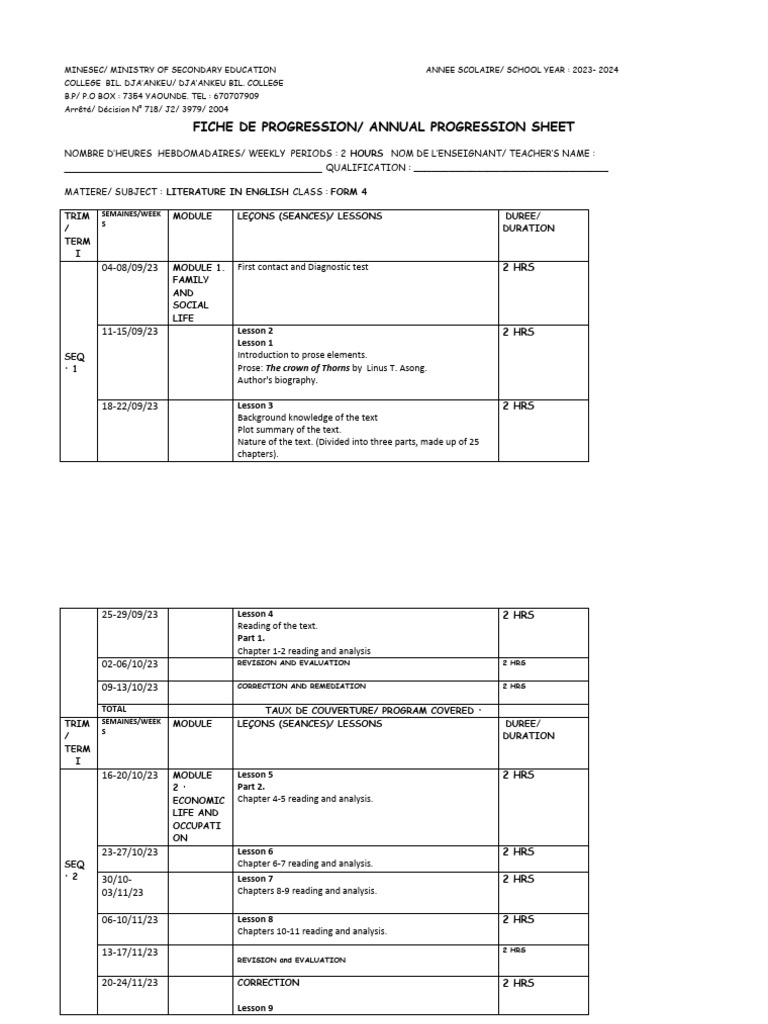 Form 4 Literature 1 Progression Sheet Model 2021-2022 | PDF | Writing ...