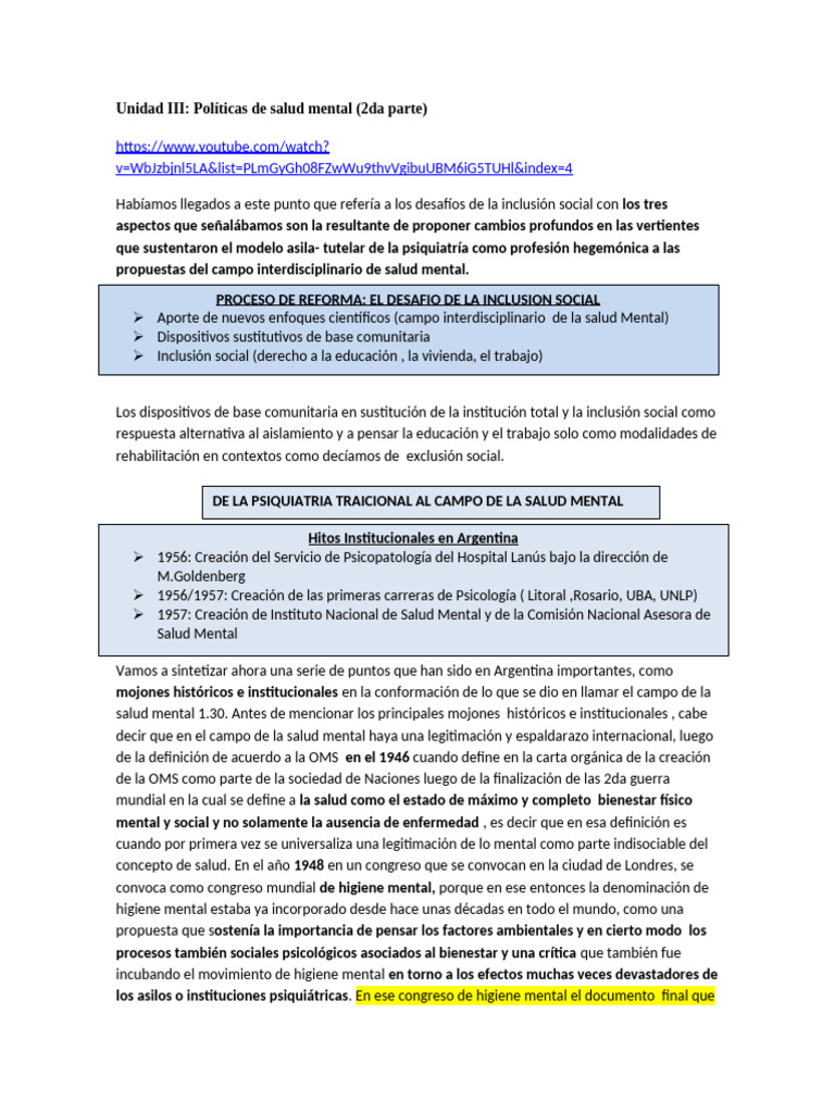 Unidad III Políticas de Salud Mental (2da Parte) Fin | PDF | Salud ...