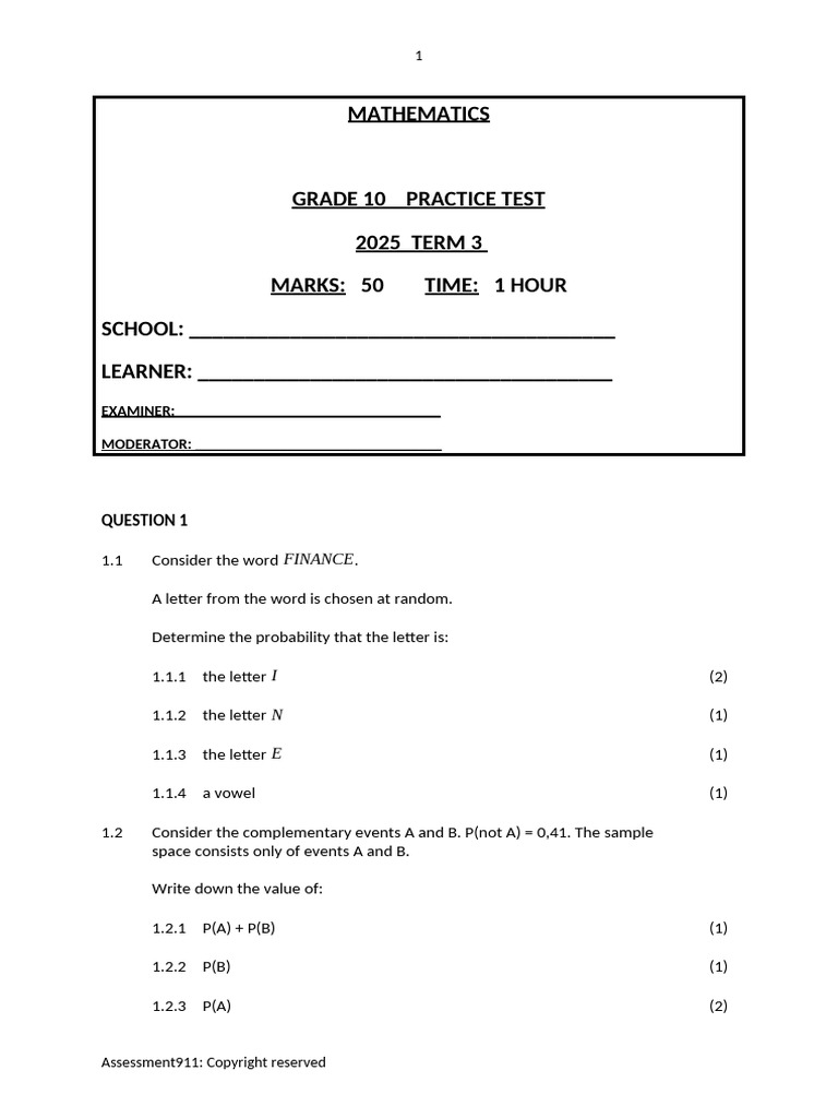 Grade 10 Maths Term 3 Practice Test 2025 | PDF