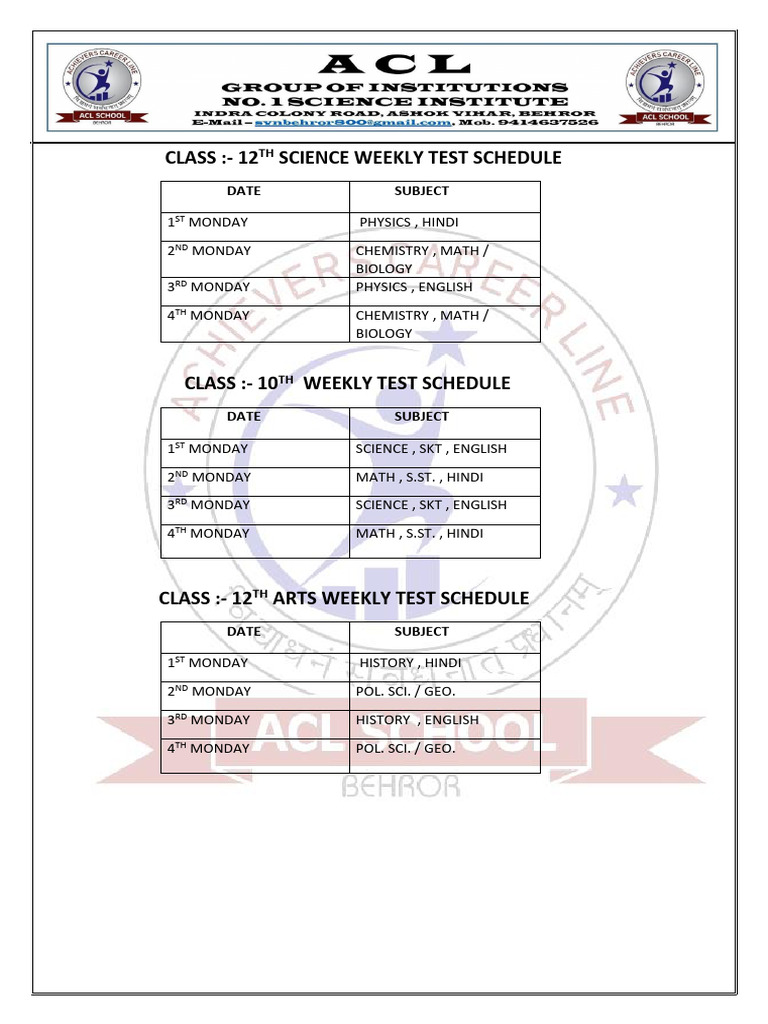 Acl Weekly Test Time Table | PDF