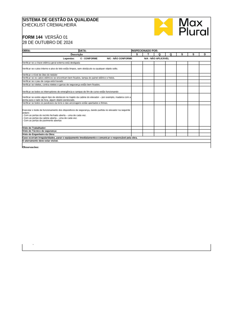 Form 144 - Form 144 - Check List de Cremalheira | PDF
