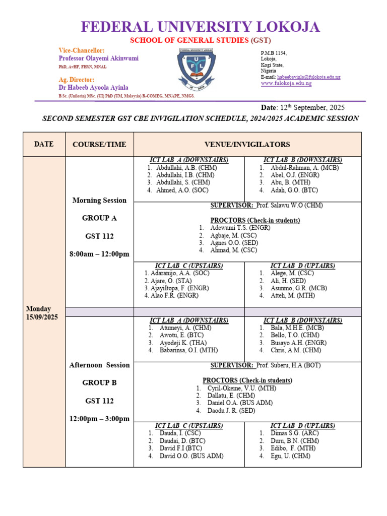 GST Cbe Invigilations Schedule 2025 | PDF