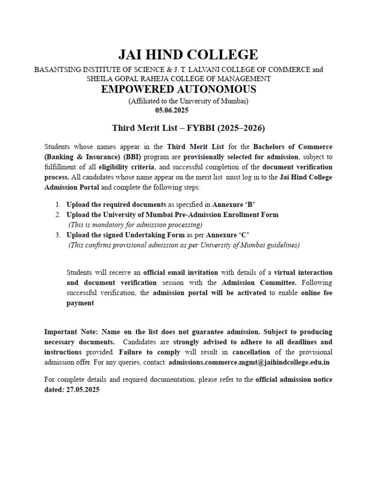 Bbi Third Merit List 2025 26 | PDF | Business