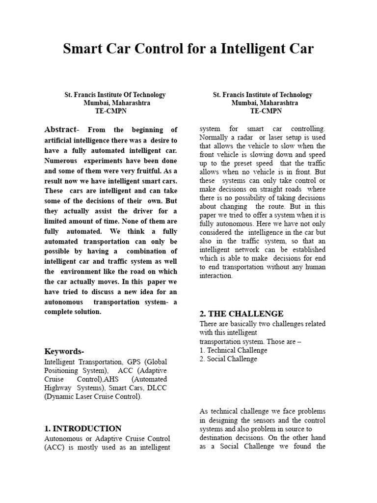 Intelligent Car Control For A Smart Car | PDF | Vehicles