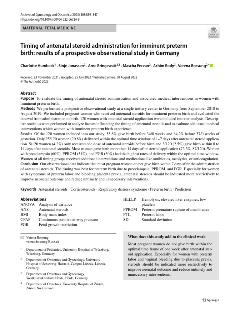 Antenatal Steroid Timing in Preterm Birth | PDF | Preterm Birth ...