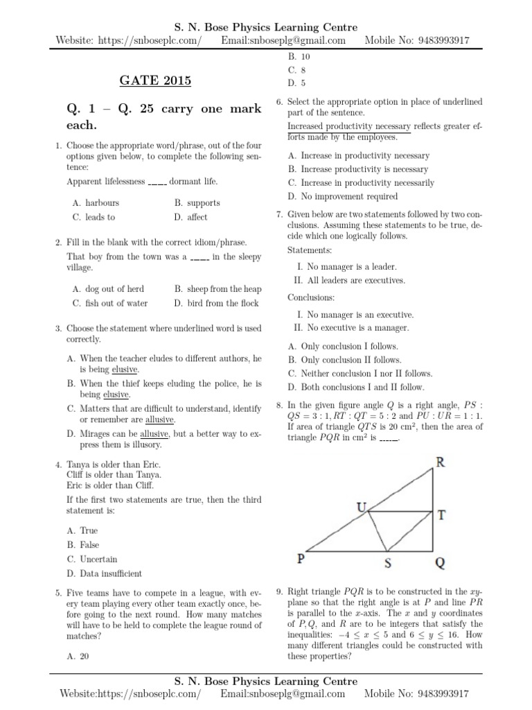 GATE Physics 2015 Question Paper With Answer Key | PDF | Force ...