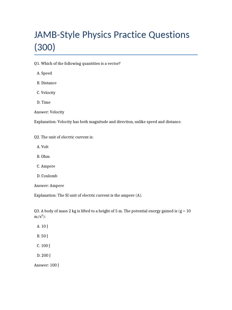 JAMB Physics Practice Questions Guide | PDF | Electric Current | Pressure