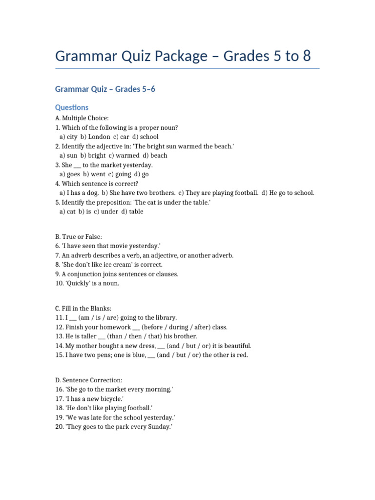 Grammar Quiz for Grades 5-8 | PDF | Adverb | Linguistics