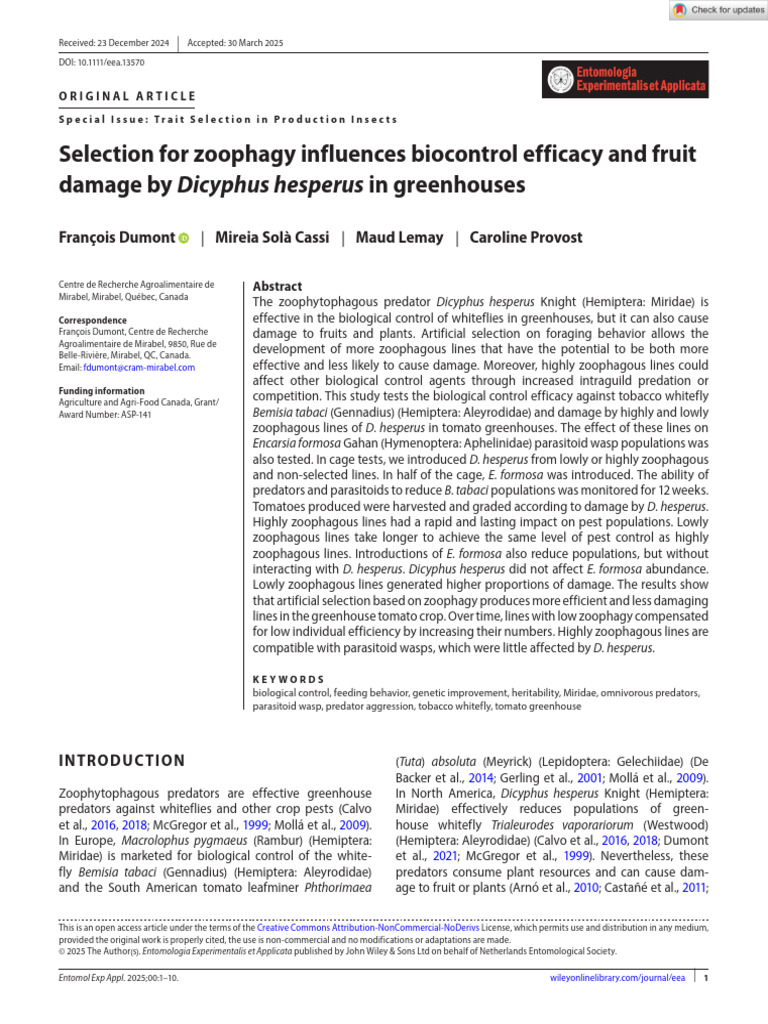 Entomologia Exp Applicata - 2025 - Dumont - Selection For Zoophagy Influences Biocontrol ...